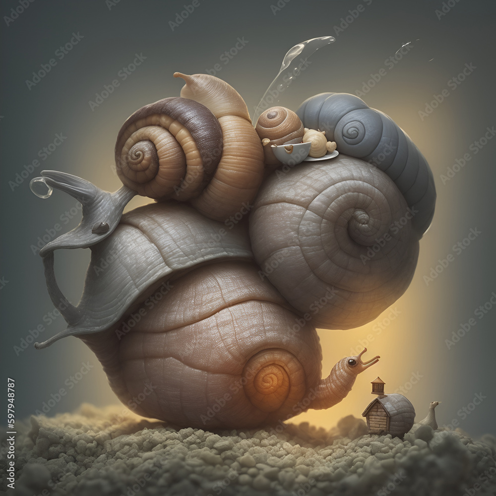 A surreal photo of a giant snail carrying a small house on its back ...