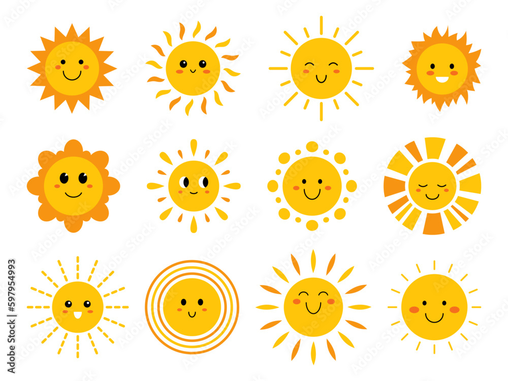 Vector set of funny suns with faces. Cute summer sunshine emoji ...
