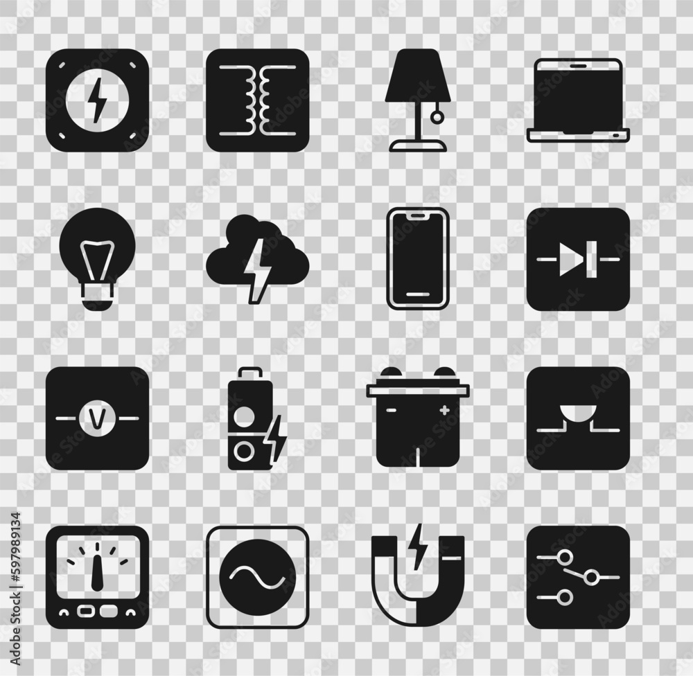 Set Switch in electronic circuit, Buzzer, Diode, Table lamp, Cloud and ...