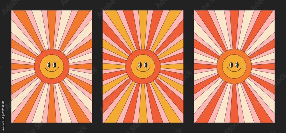 Set of retro posters with the sun. Can be used as vintage stylish ...