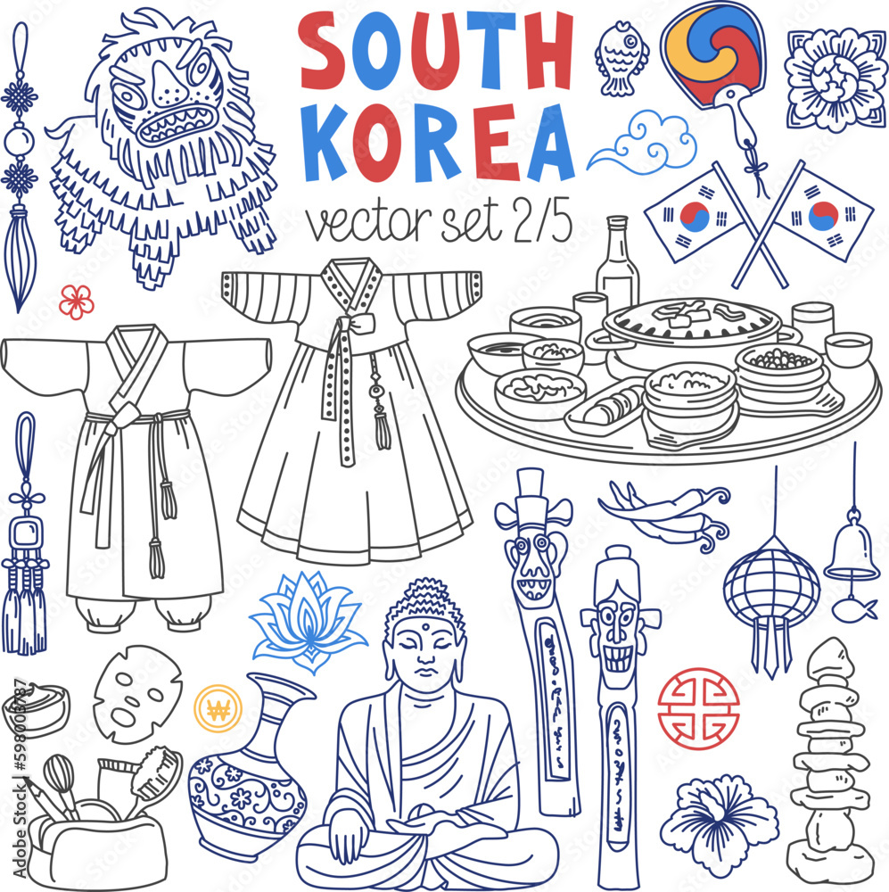 South Korea traditional symbols, food and landmarks doodle set ...