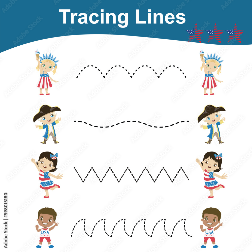 Stock-Vektorgrafik „Tracing Lines Game Fourth July Edition. Worksheet ...