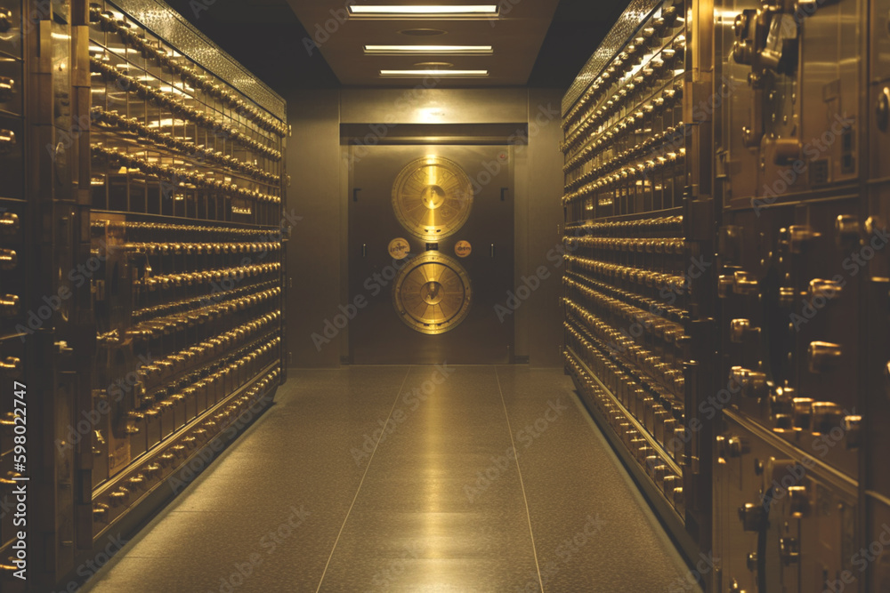 Bank vault door. Safe deposit boxes room in bank vault. Inside in Bank ...