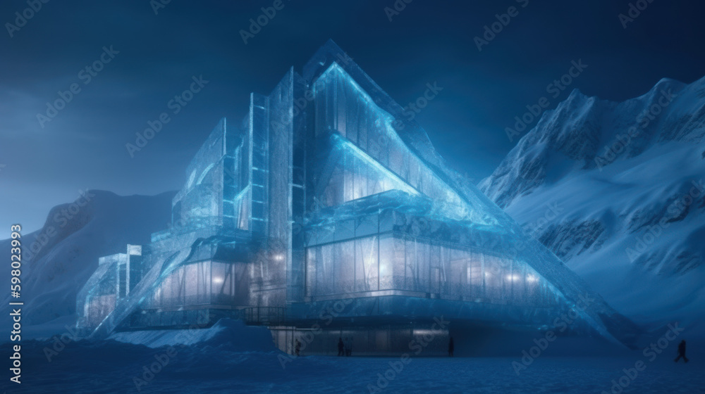 Architecture bade from ice, city inside an glacier, shiny ice buildings ...