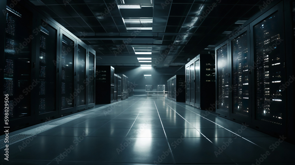 Data center in black server room. Walkthrough server racks of server room. Cloud computing data ...