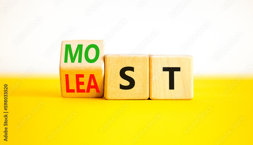 Most or least symbol. Businessman turns wooden cubes and changes the ...