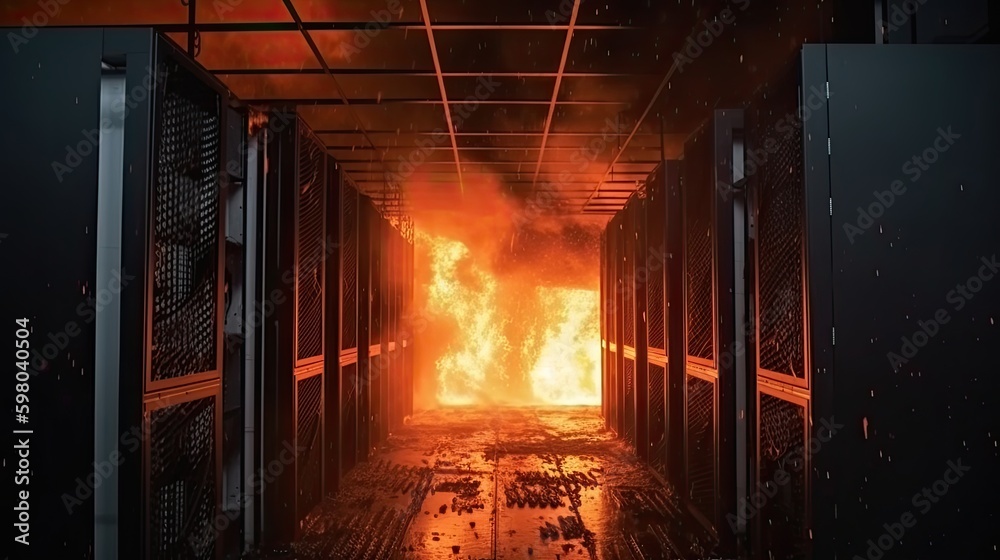 Ilustração Data center fire with burning servers racks, Internet ...
