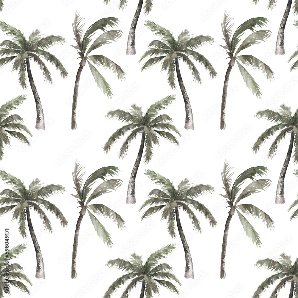 Tropical seamless pattern with palm trees. Watercolor print on white ...