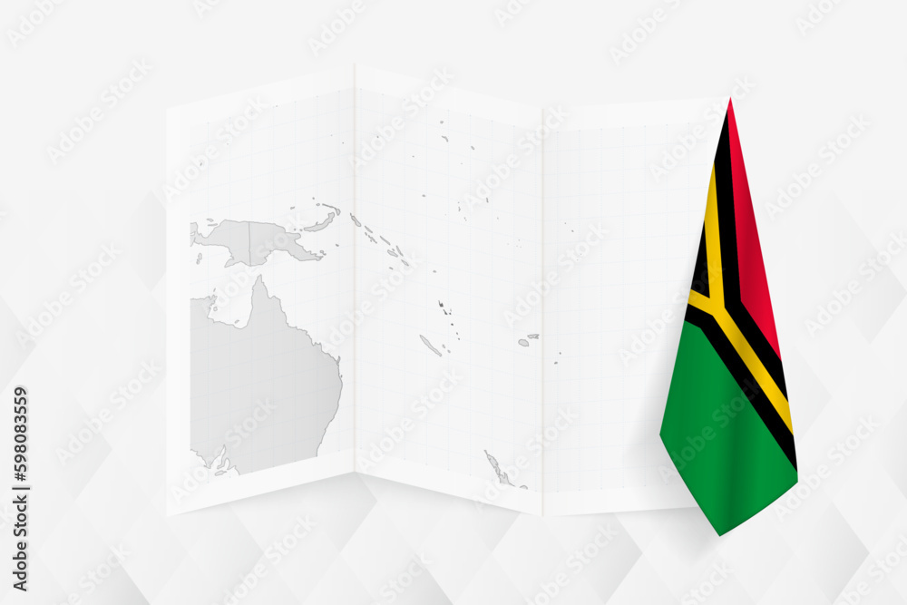 A grayscale map of Vanuatu with a hanging Vanuatu flag on one side ...