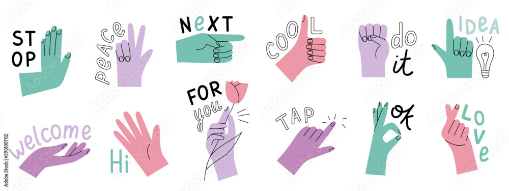 Funny bright stickers hand gestures with text. Vector design set in a ...