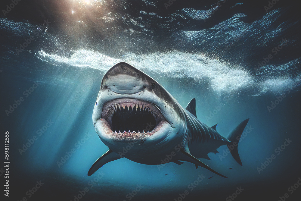 Shark with open mouth and huge teeth during attack. Tiger shark ...