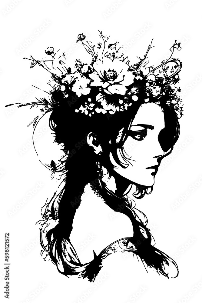 Beautiful brunette lady, Spring goddess decorated with field spring ...
