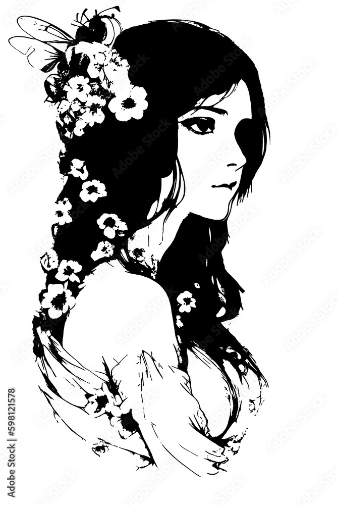 Beautiful brunette lady, Spring goddess decorated with field spring ...