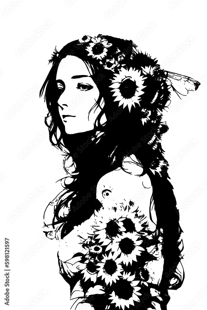 Beautiful brunette lady, Spring goddess decorated with field spring ...