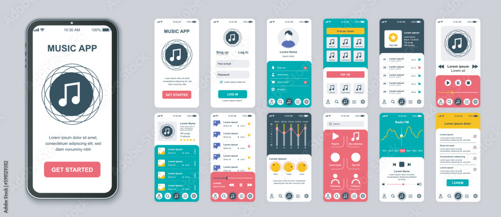 Music mobile app screens set for web templates. Pack of login, songs ...