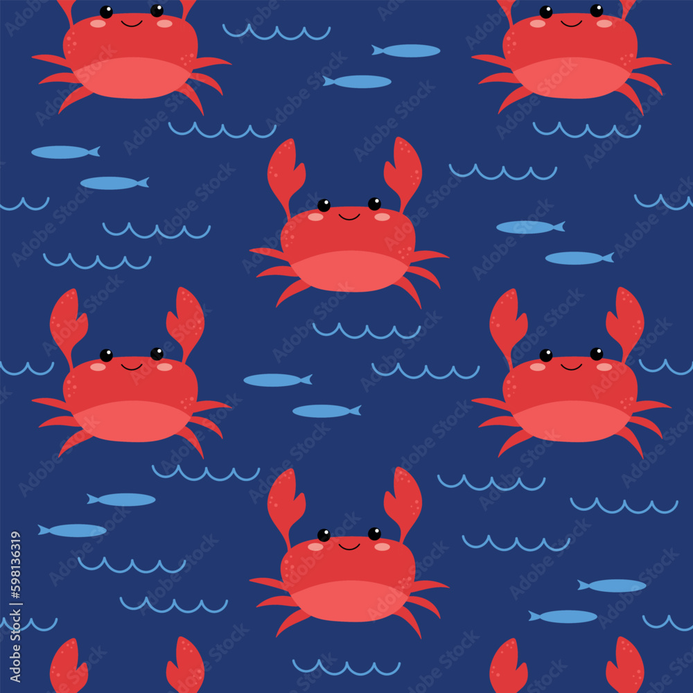 Vetor Cute kawaii summer sea animals crab and fish seamless pattern ...