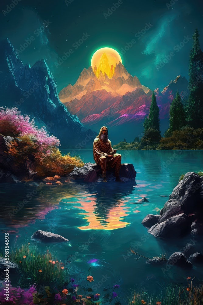 Jesus sitting in a fantasy world, Jesus in a metaverse world, Beautiful ...