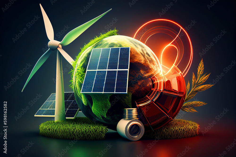 Solar panel and Wind Turbine concept. Solar energy from solar panels. Photovoltaic, alternative ...