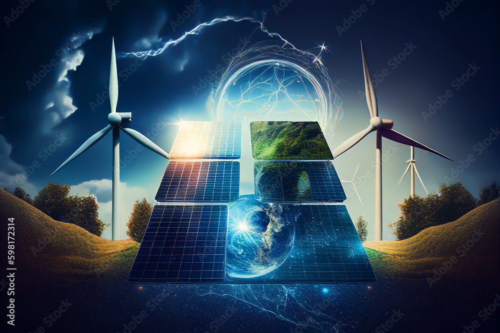 Стоковая иллюстрация «Solar panel and Wind Turbine concept. Solar energy from solar panels ...