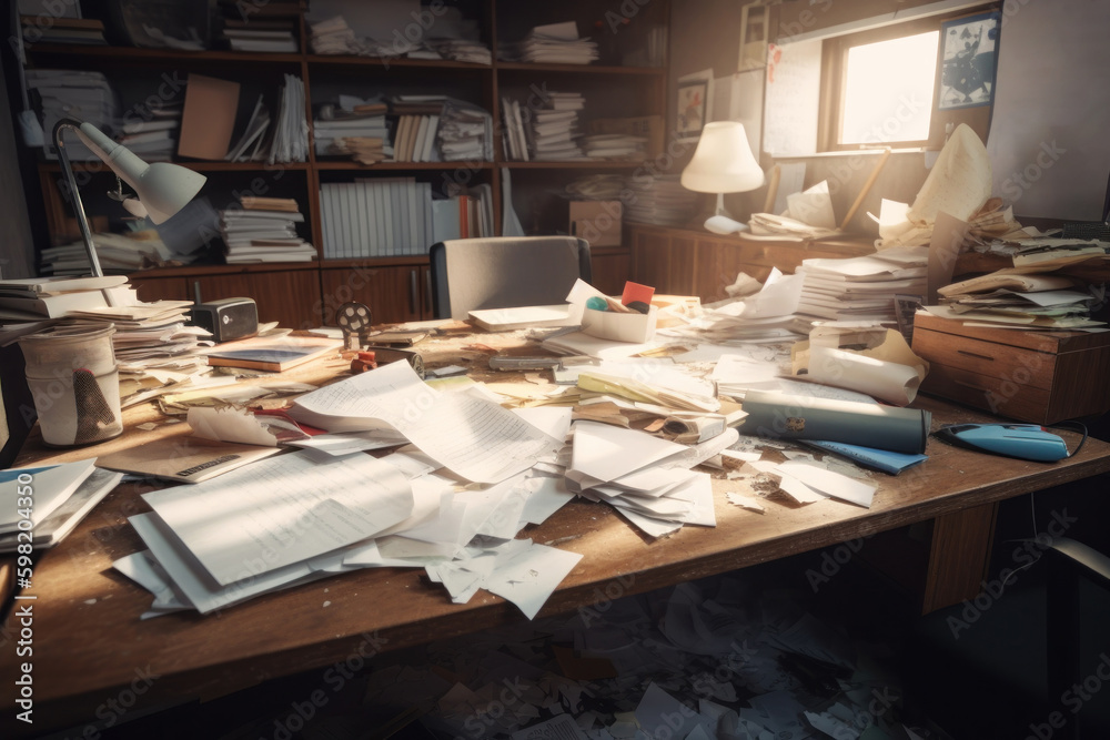 messy work desk, Generative AI Stock Illustration | Adobe Stock