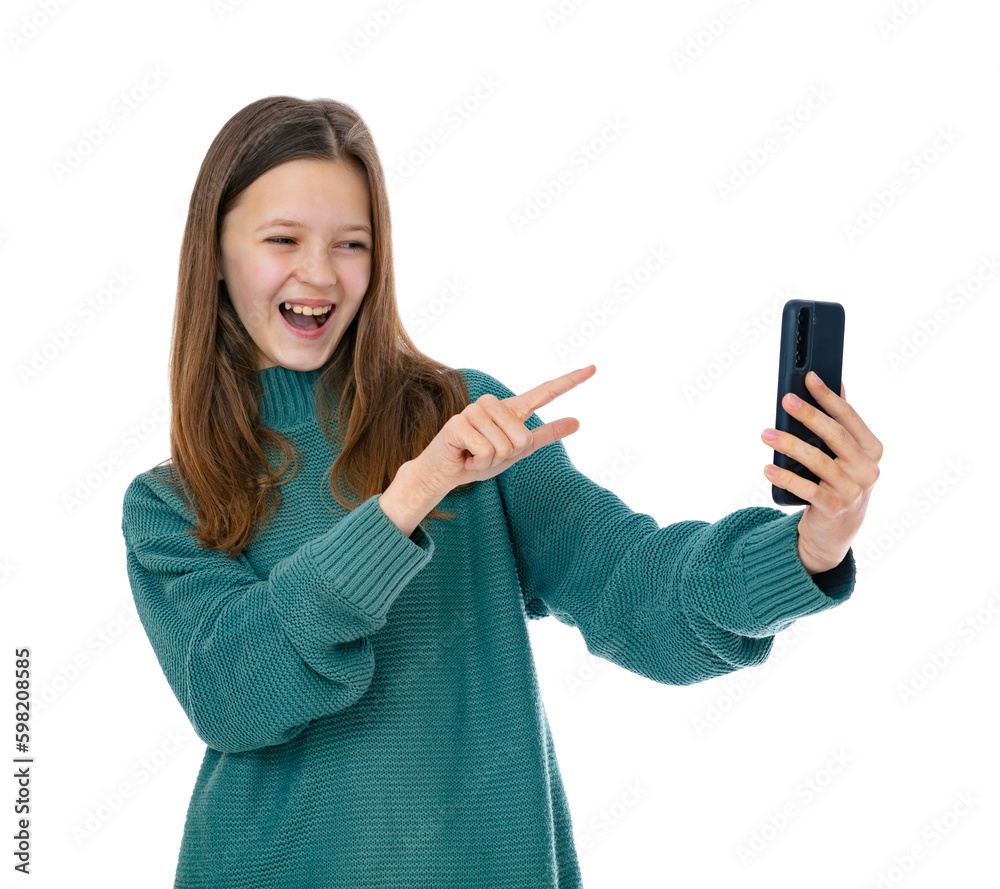 Portrait of twelve year old teenager being video call with someone ...