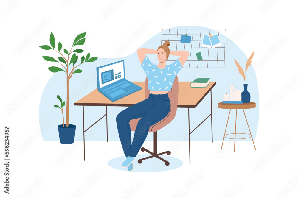 Blue concept Workplace with people scene in the flat cartoon style ...