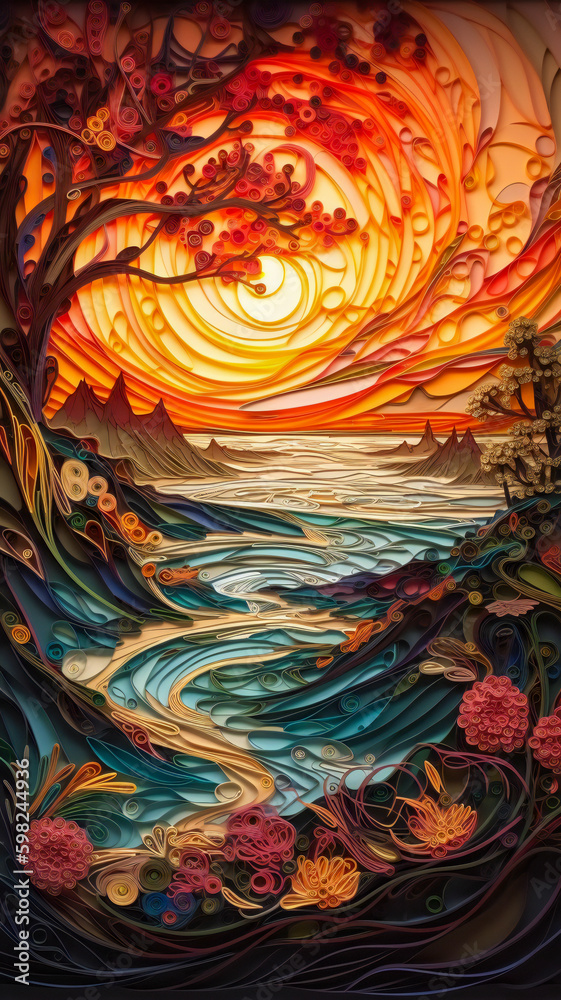Paper quilling art representing a landscape with water, sky and trees ...