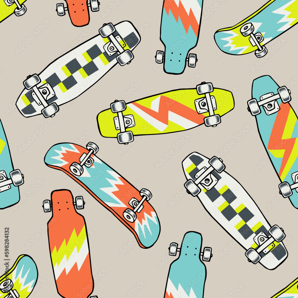 Hand-drawn skateboarding seamless pattern. Skate background texture ...
