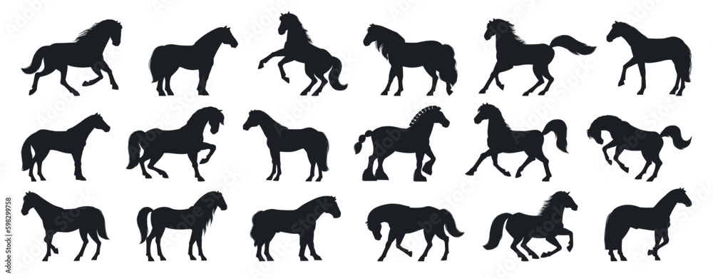 Cartoon horses silhouette. Domestic animals of different breeds and ...