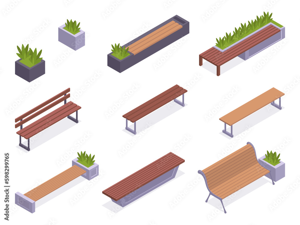 Isometric garden benches. Wooden summerhouse backyard or city park ...
