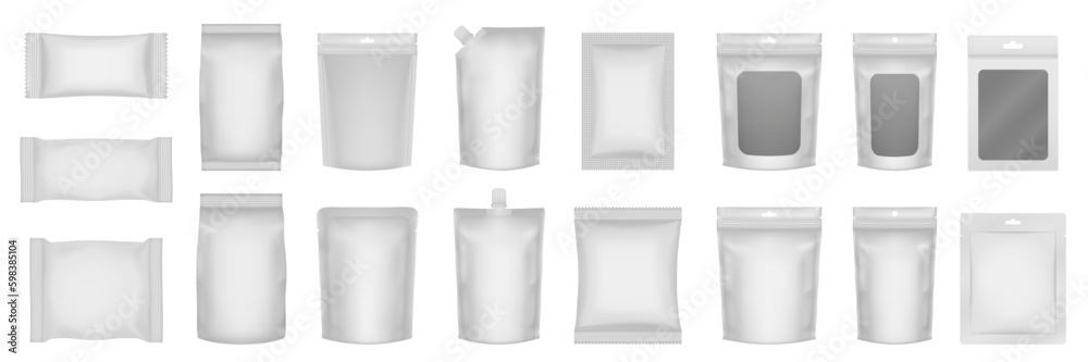 Set of realistic pouch mockups. White flow pack, sachet, zip bag and ...