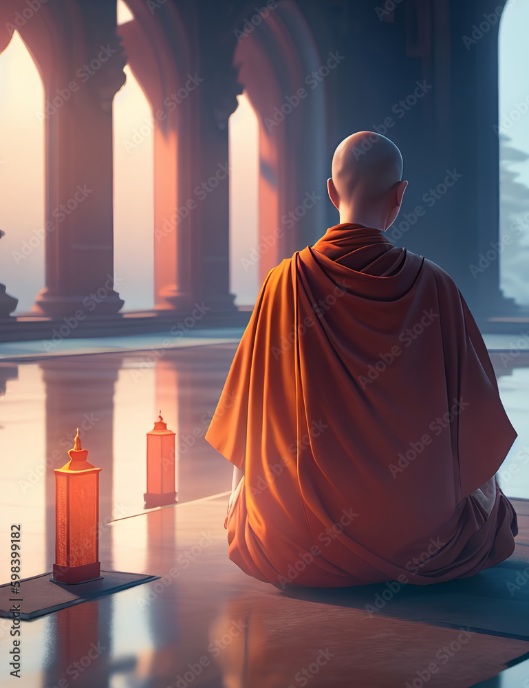 Rear view of Buddhist Monk meditating at monastery during evening ...