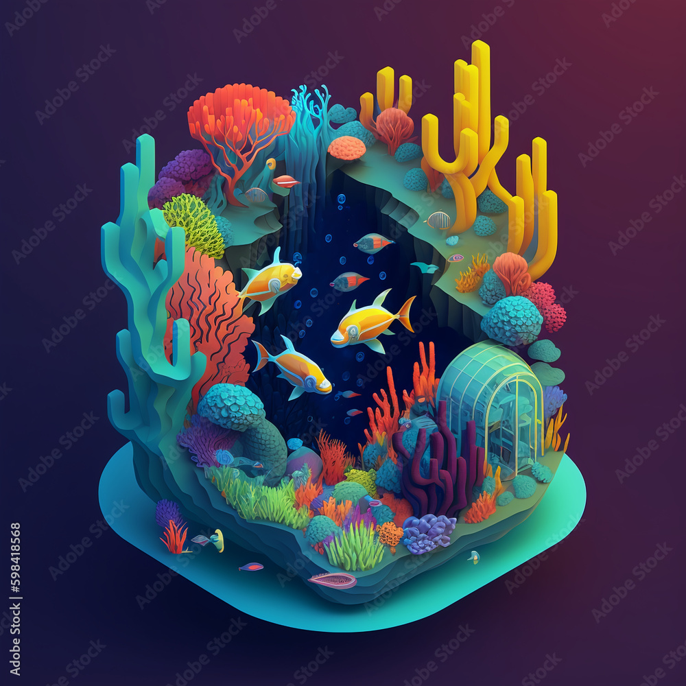 isometric digital illustration An underwater world with colorful coral ...