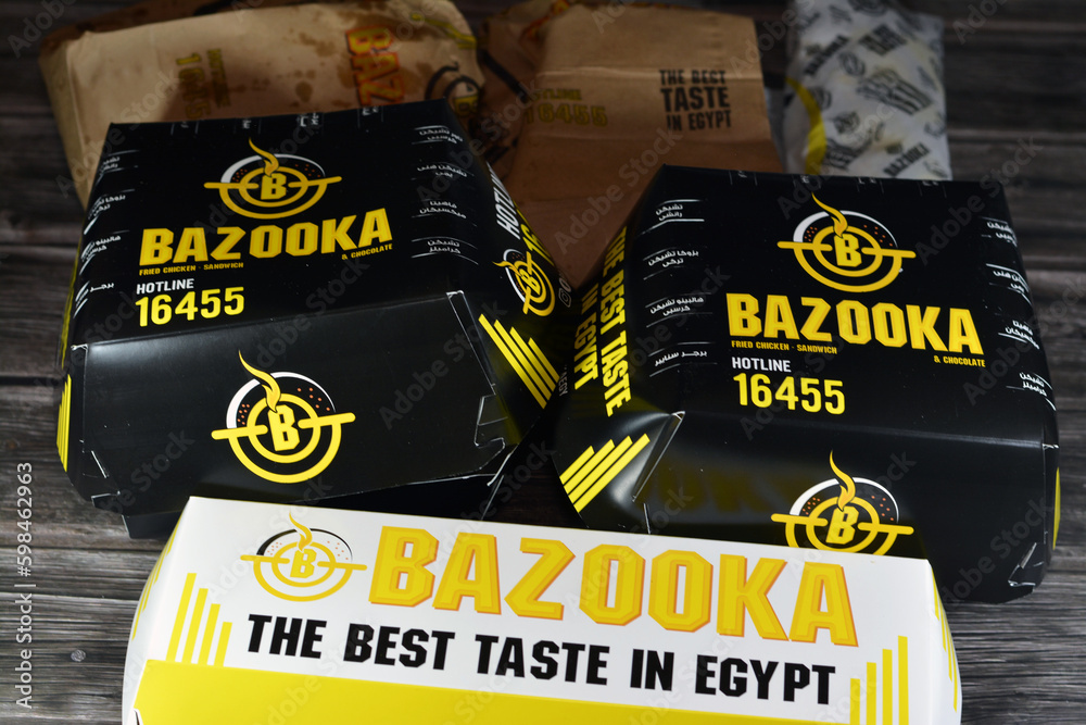 Cairo, Egypt, April 30 2023: Bazooka fast food delivery package of ...
