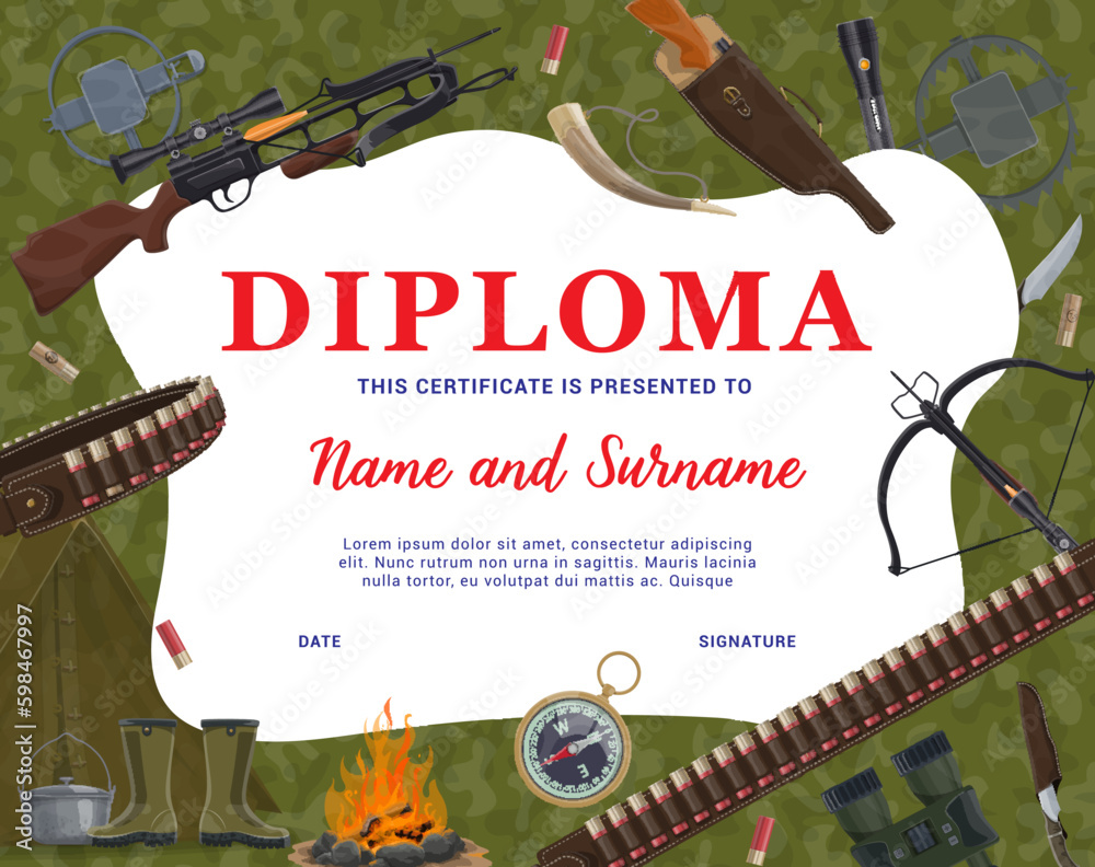 Diploma with hunting equipment and weapons vector background frame ...