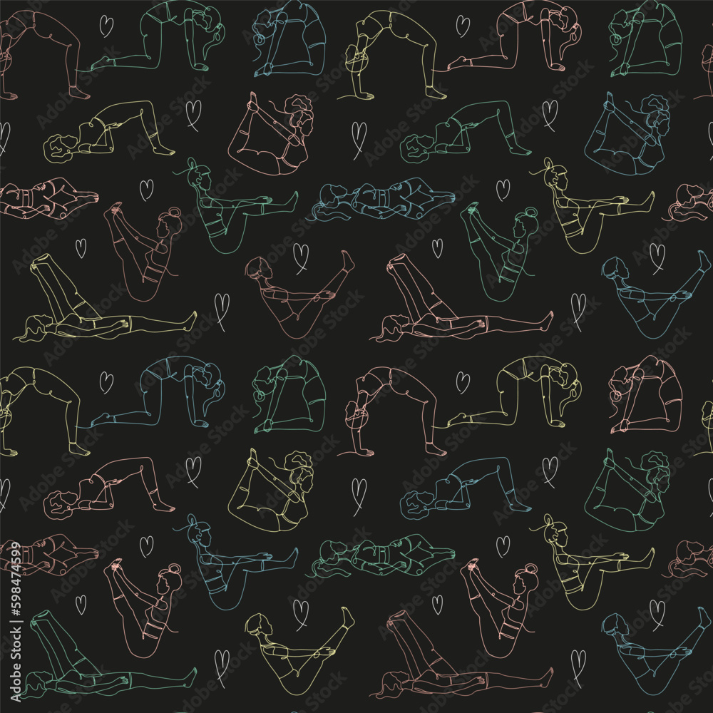 Seamless pattern with single line drawings of yoga poses. Linear hand ...