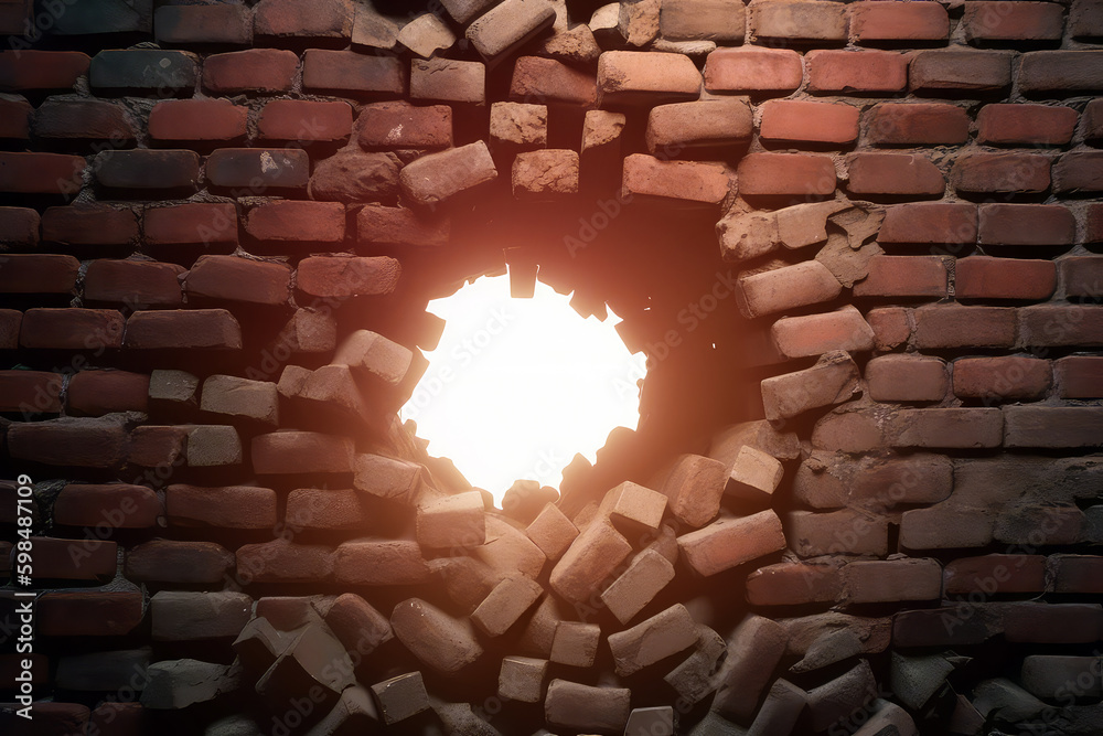 Old brick walled room with a broken out window to the outside, hope and ...