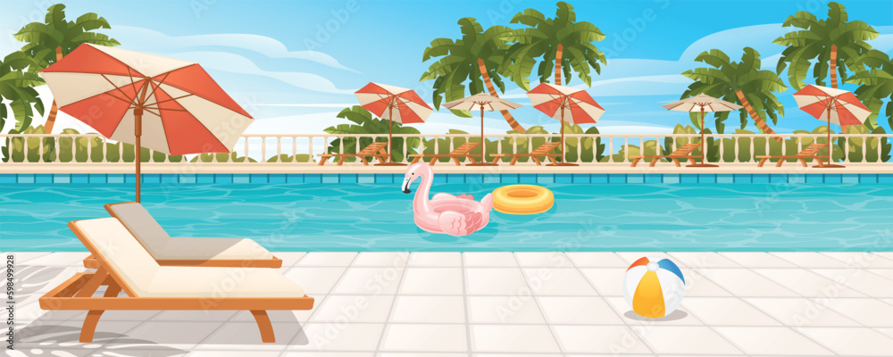 Swimming pool in hotel or resort outdoors, empty poolside with chaise ...