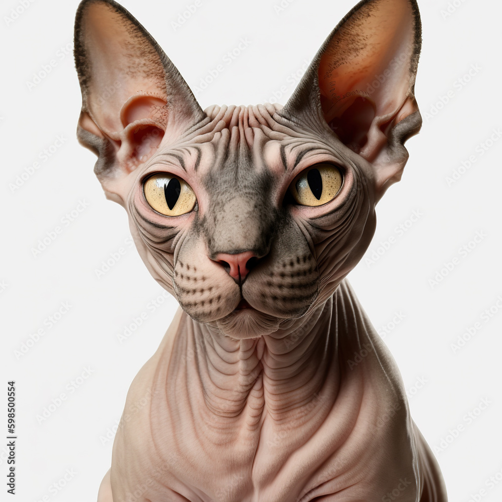 Adorable hairless spaynx cat portrait looking at camera on white ...
