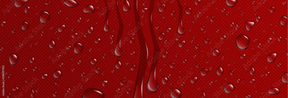 Vector water drop texture on red glass background. Realistic dew bubble ...