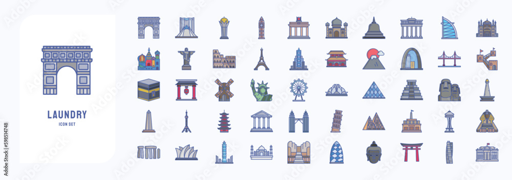 A collection sheet of linear color icons for World famous landmarks ...