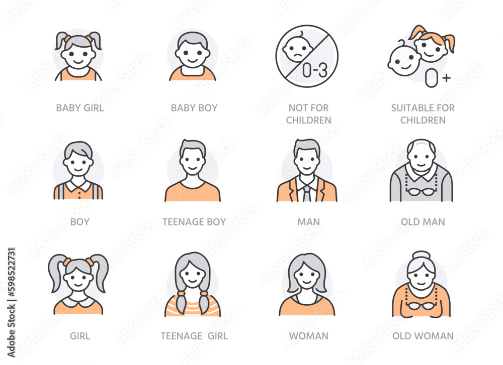 People age flat line icons set. Growth stage - baby boy, teenage girl ...
