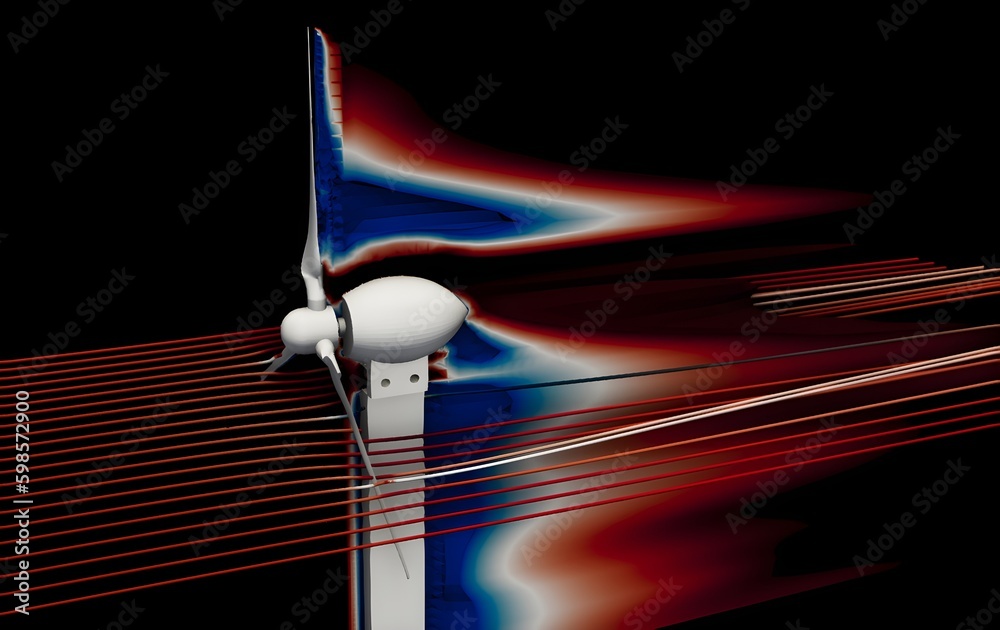 Cfd Simulation Of A 3d Model Wind Turbine Pressure Gradient And Velocity Streamlines Side View