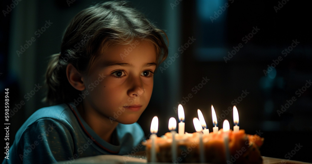 Photo of sad birthday boy sitting near cake with burning canles alone ...