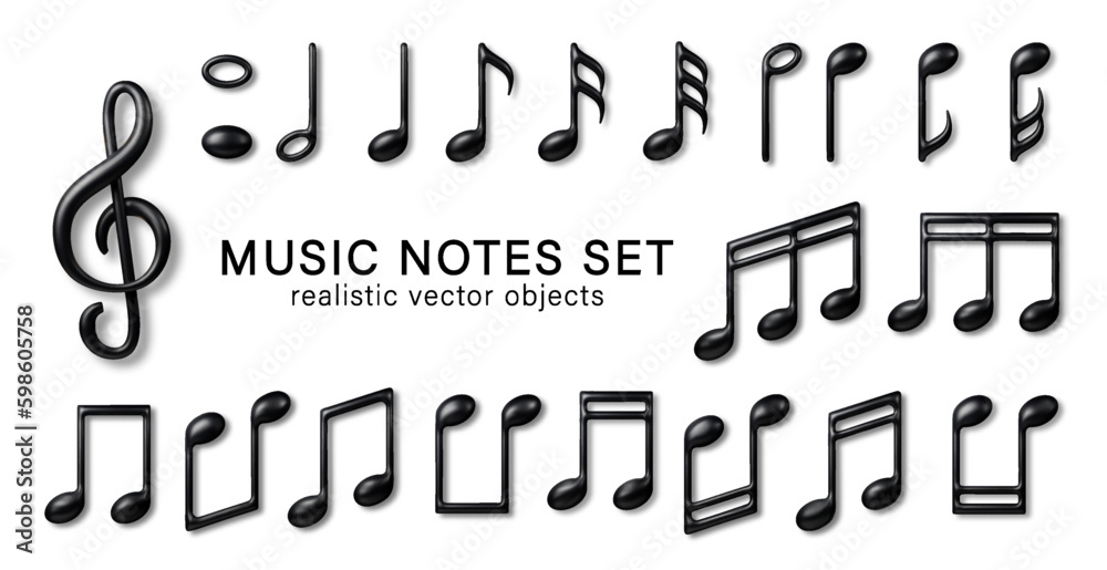 3d Music notes symbols black color set. Vector realistic icon ...