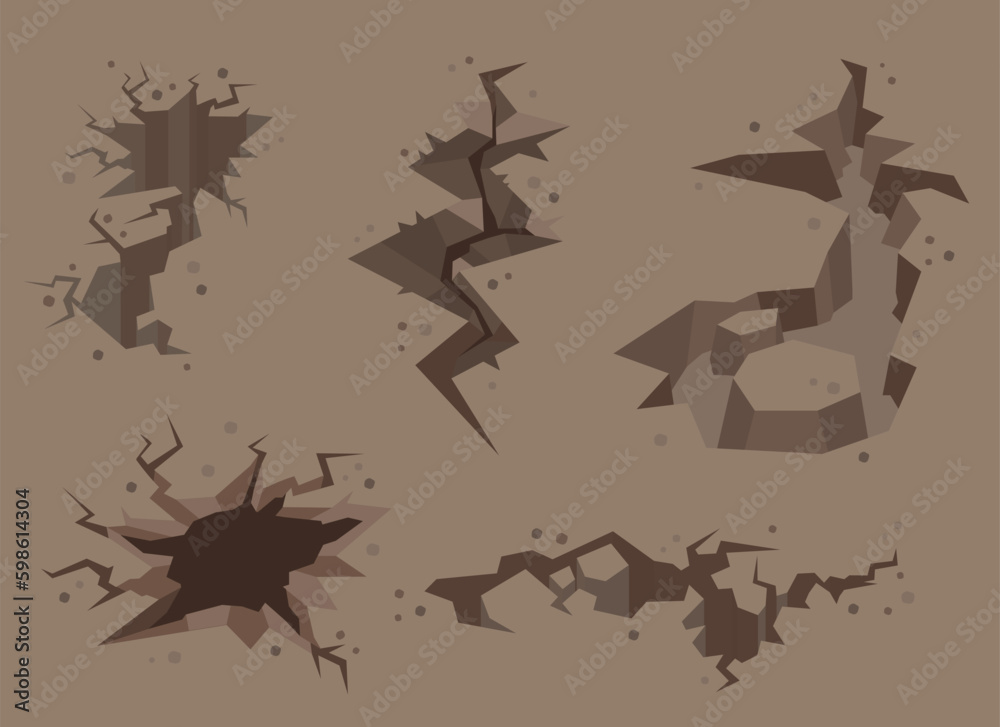 Cracked ground after earthquake vector illustrations set. Different ...