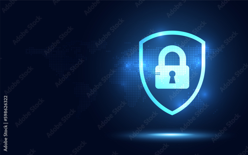 Cyber security padlock blue abstract digital glowing background. Decoding technology and ...