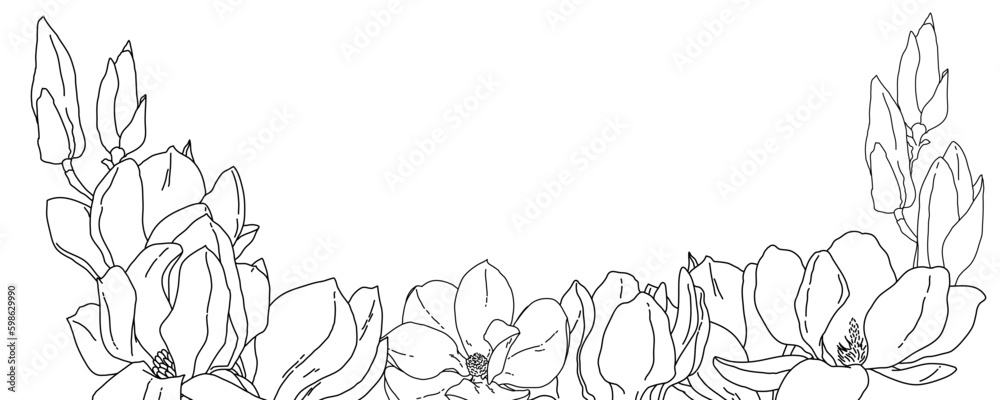 Magnolia flowers in bloom frame border template. Hand drawn realistic ...