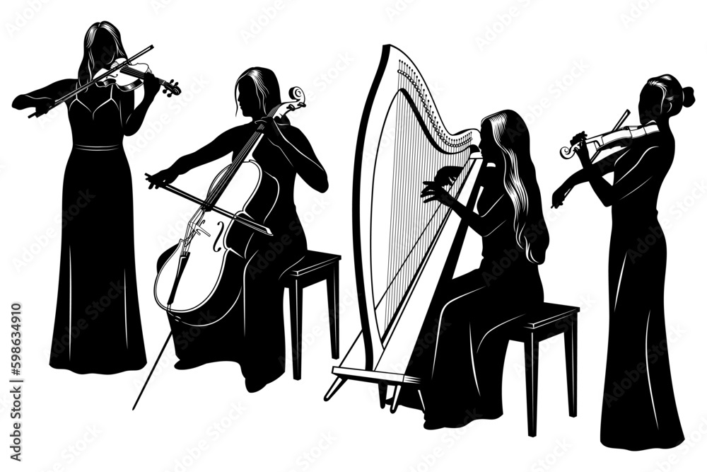 String Quartet Silhouettes Set. Women orchestra playing on violins ...