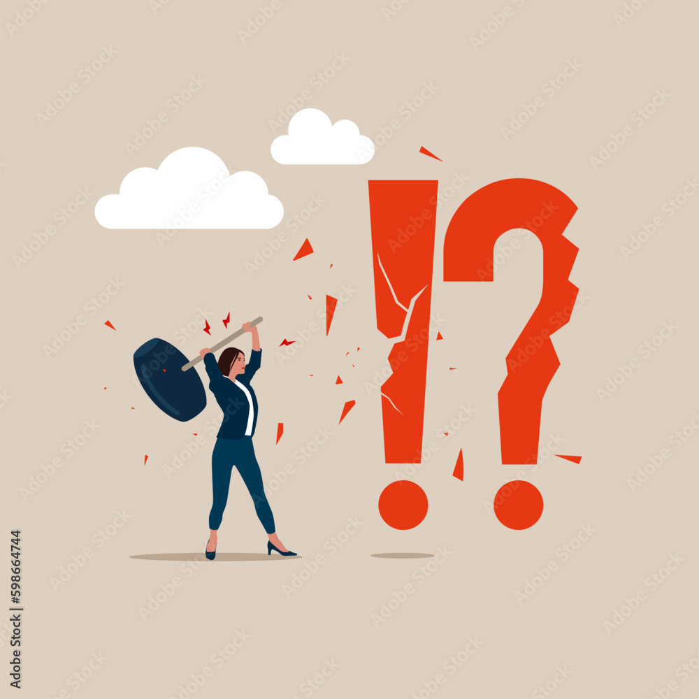 Female hold sledgehammer crash huge red question mark and exclamation ...